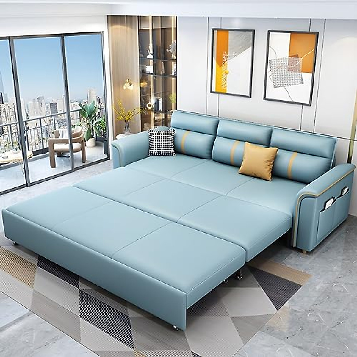 LAKIQ Contemporary Blue Sofa Bed with Storage Faux Leather, Metal, Sponge Seat Fill Loveseat Couch (94.5" L x 31.5" W x 33" H)