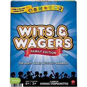 Mattel Games Wits & Wagers Board Game Family Edition for Kids and Adults with Dry Erase Boards, Markers & Question Cards