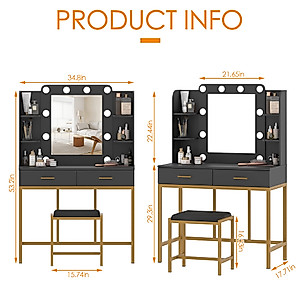 Makeup Vanity with Lighted Mirror, Black Vanity Mirror with Lights and Table Set, Vanity Set with 10 LED,Vanity Desk with 3 Lighting Modes and 2 Drawers&Cushioned Stool for Bedroom