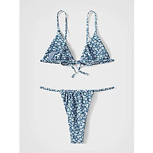WDIRARA Women's Floral Print Tie Side Swimwear Straps Bikini Sets Swimsuits Blue White XS