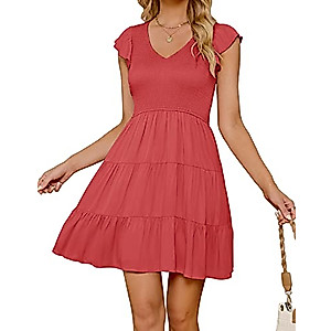 ZESICA Womens 2023 Summer Casual V Neck Flutter Sleeve Bohemian Ruffle Smocked A Line Swing Mini Dress,Watermelon,Small