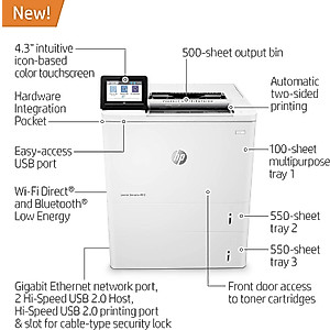 HP Laserjet Enterprise M612x Single-Function Wireless Monochrome Laser Printer, White - Print only - 4.3" Touchscreen, 75 ppm, 1200 x 1200 dpi, Auto Duplex Printing, Ethernet - Cbmou External Webcam
