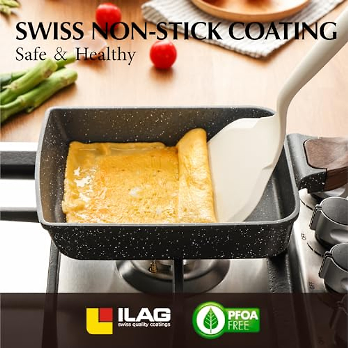 SENSARTE Japanese Omelette Pan, Tamagoyaki Egg Pan, Nonstick Frying Pan with Spatula, Healthy Granite Cookware, PFOS & PFOA Free, 6" x 7" (Grey)