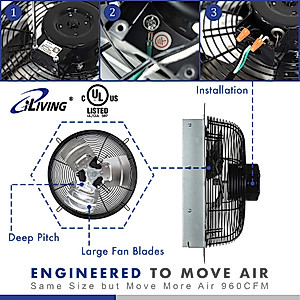 iLIVING 12" Wall Mounted Shutter Exhaust Fan, Automatic Shutter, with Thermostat and Variable Speed controller, 0.6A, 960 CFM, 1400 SQF Coverage Area Silver (ILG8SF12V-ST)