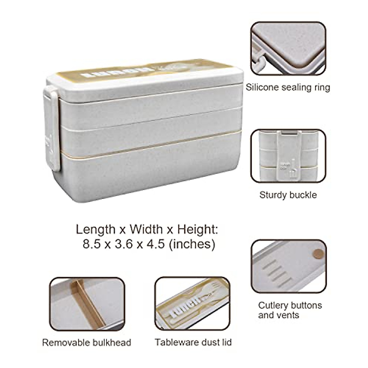 JBGOYON Bento Boxes for Adults, 1000ML Bento Lunch Box For Kids Children - Wheat Straw, Leakproof Stackable 3-In-1 Compartment Bento Box Set, Built-in Cutlery, Insulated Lunch Bag