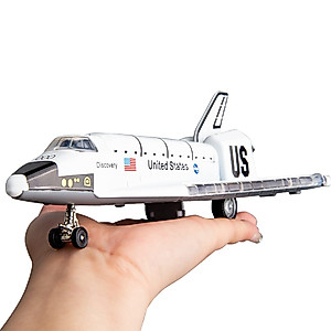 TGRCM-CZ 8'' Space Shuttle,US Discovery Airplane Toys, Alloy Pull Back Aircraft Model with Base LED Light and Sound, Display Plane for Boys Girls Adults Outdoor Games and Decoration, White