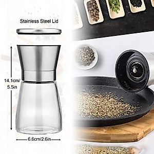 LessMo Salt and Pepper Grinder Set with Wooden Standing Tray, Refillable Pepper Mill Set - Brushed Stainless Steel - Short Glass Shakers with Adjustable Coarseness for Peppercorn, Salt or Spice Mill