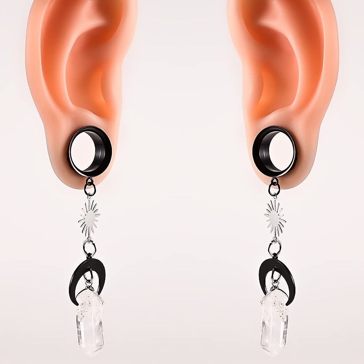 Maxbott 2PCS Moon-Pendant Natural Stone Stainless Steel Dangle Ear Plugs Tunnels Stretcher Piercing Body Jewelry (10mm(00G), Black)