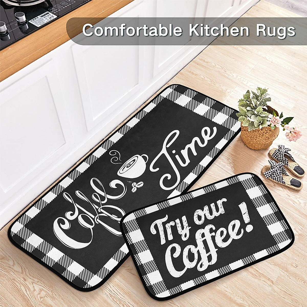 Buffalo Plaid Checked Coffee Time Kitchen Mat Set of 2 Anti-Fatigue Kitchen Rug Set Non Slip Washable Cushioned Memory Foam Kitchen Runner Rugs and Mats Comfort Mat for Farmhouse Doormat Bathroom
