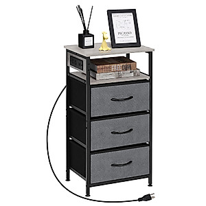 LIANTRAL Nightstand with Charging Station, Dresser with 3 Fabric Chest of Drawers, Dresser Storage for Bedroom, Hallway, Closet, Living Room, Dorm(Grey)