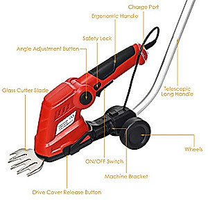Goplus 7.2V Cordless Grass Shear + Hedge Trimmer w/ Wheeled Extension Pole and Rechargeable Battery