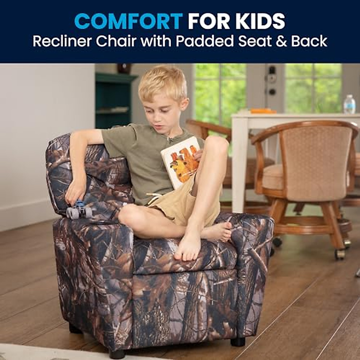 Flash Furniture Chandler Vinyl Kids Recliner with Cup Holder and Safety Recline, Contemporary Reclining Chair for Kids, Supports up to 90 lbs., Camouflage
