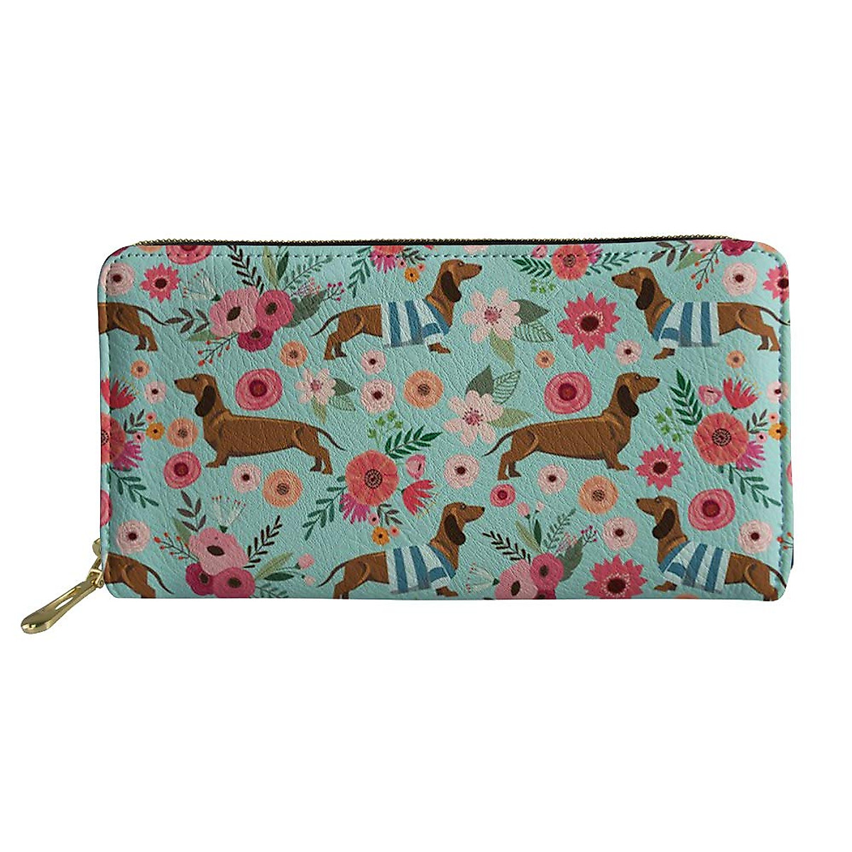 Women's Ladies Wallets Large Capacity Floral Dachshund Leather Wallet Card Holder Mint Green