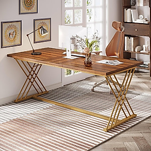 Tribesigns 63" x 31.5" Large Computer Desk, Modern Wood Home Office Desk, Computer Table Executive Desk, Study Writing Table Workstation for Living Room Bedroom Office, Brown + Gold Metal Frame