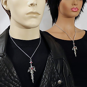 Dragons Wrapped Around Sword Medieval Renaissance Silver Finish Pendant Necklace