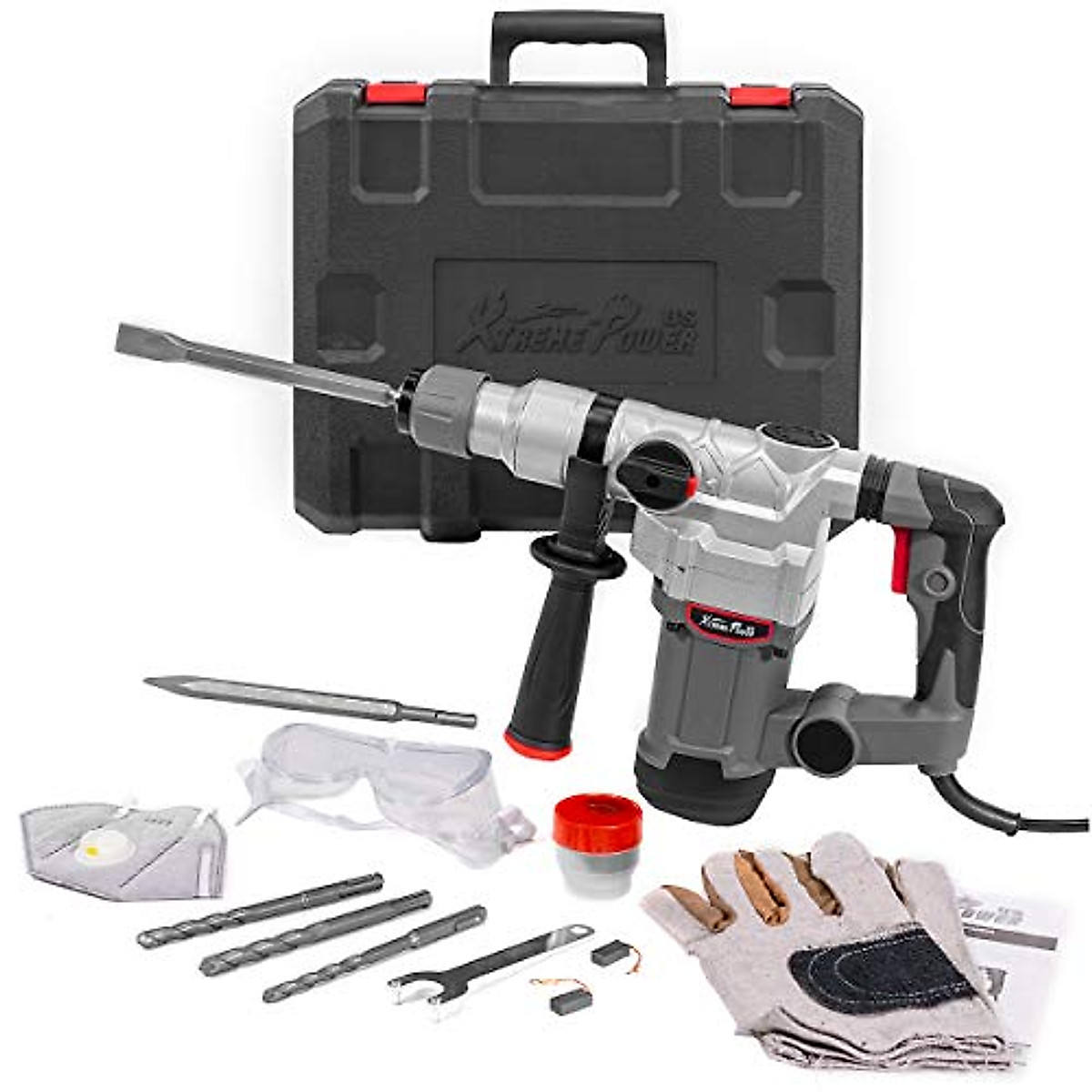XtremepowerUS 1200W Electric Rotary Hammer SDS Plus Drill Swivel Adjustable Handle Drilling With Chisel Flat Bit Set Carrying Case