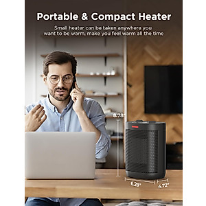 1500W Small Space Heater, Electric Heaters for Indoor Use, PTC Ceramic Space Heater with Adjustable Thermostat, Portable Space Heater for Bedroom and Office Desk Use, 3 Modes, Safety Quiet Heating