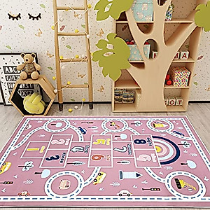 Abeigoi Hopscotch Car Rug 4x6Ft Kids Play Rug Mat Pink Bedroom Playroom Carpet for Girls Boys Nonslip Classroom Rug Children Numbers Educational Throw Area Rugs for Girls Room Decor
