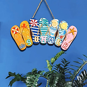 Flip Flops Hello Summer Sign 16" Pool Beach Signs Decor Outdoor Slippers Shaped Porch Front Door Hanging Wall Sign Decorations Welcome Accents for Bathroom Bar Home Yard Garden