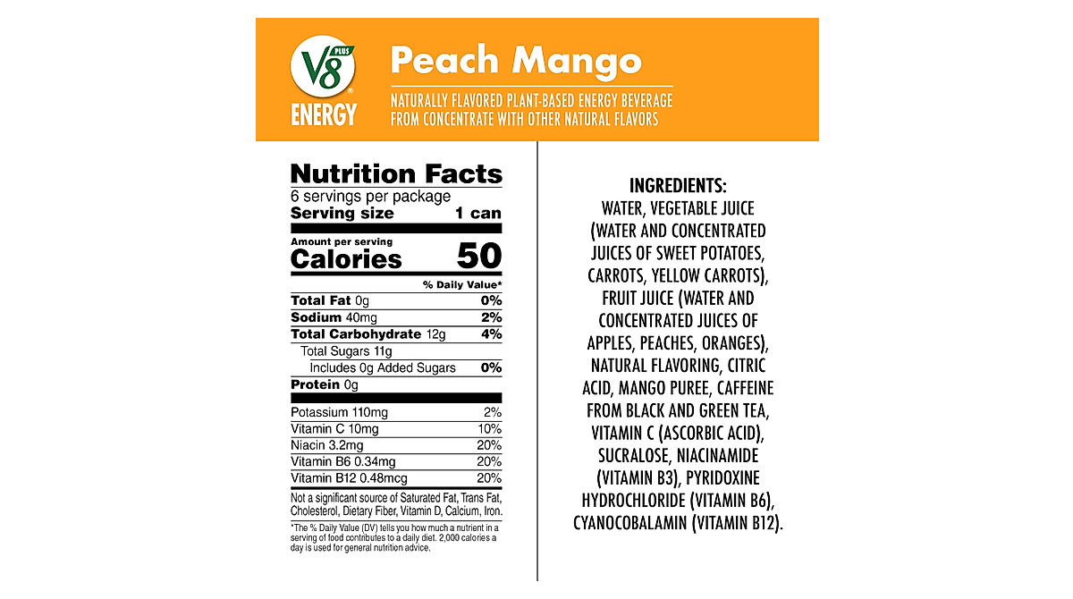 V8 +ENERGY Peach Mango Drink - Plant-Based Energy