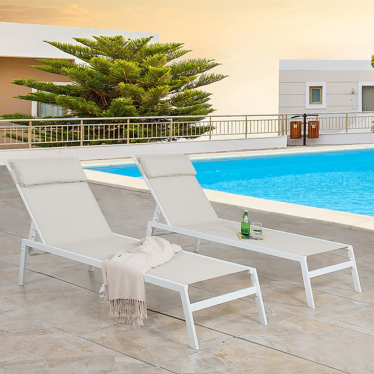 PATIO TREE 2 PCS Patio Full Flat Chaise Lounges Outdoor Steel Recliner Lounge Chairs with Four-Position Adjustable Backrest, Beige