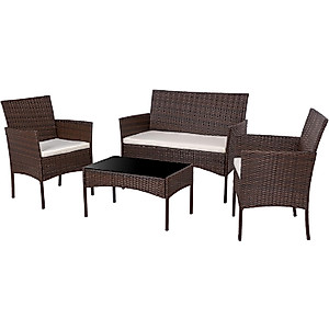 Shintenchi 4 Piece Outdoor Patio Furniture Sets, Small Wicker Patio Conversation Furniture Rattan Chair Set with Tempered Glass Coffee Table for Backyard Porch Garden Poolside Balcony