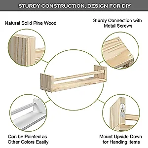 Classic Nursery Shelves, Set of 2 Natural Wood Floating Book Shelves for Kids Room, Wall Shelves for Bathroom Decor, Kitchen Spice Rack, Book Shelf Organizer for Baby Nursery Décor (16.5Lx4W)