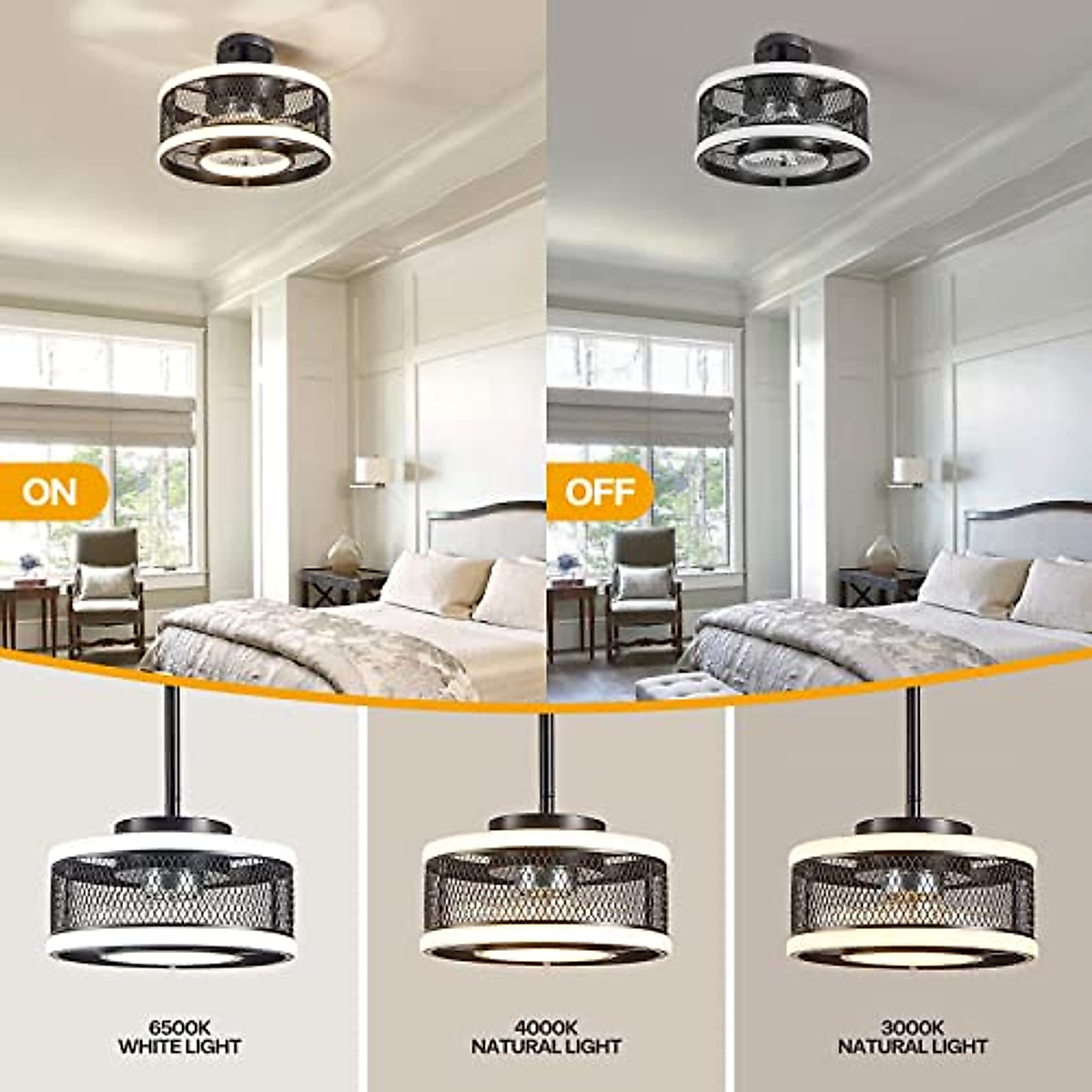 Atocif Bladeless Ceiling Fan with Light, Caged Ceiling Fan with LED Light, Ceiling Fans with Lights Remote Control, Dimmable, low-noise, Timing, for Bedroom, Living Room, Kitchen