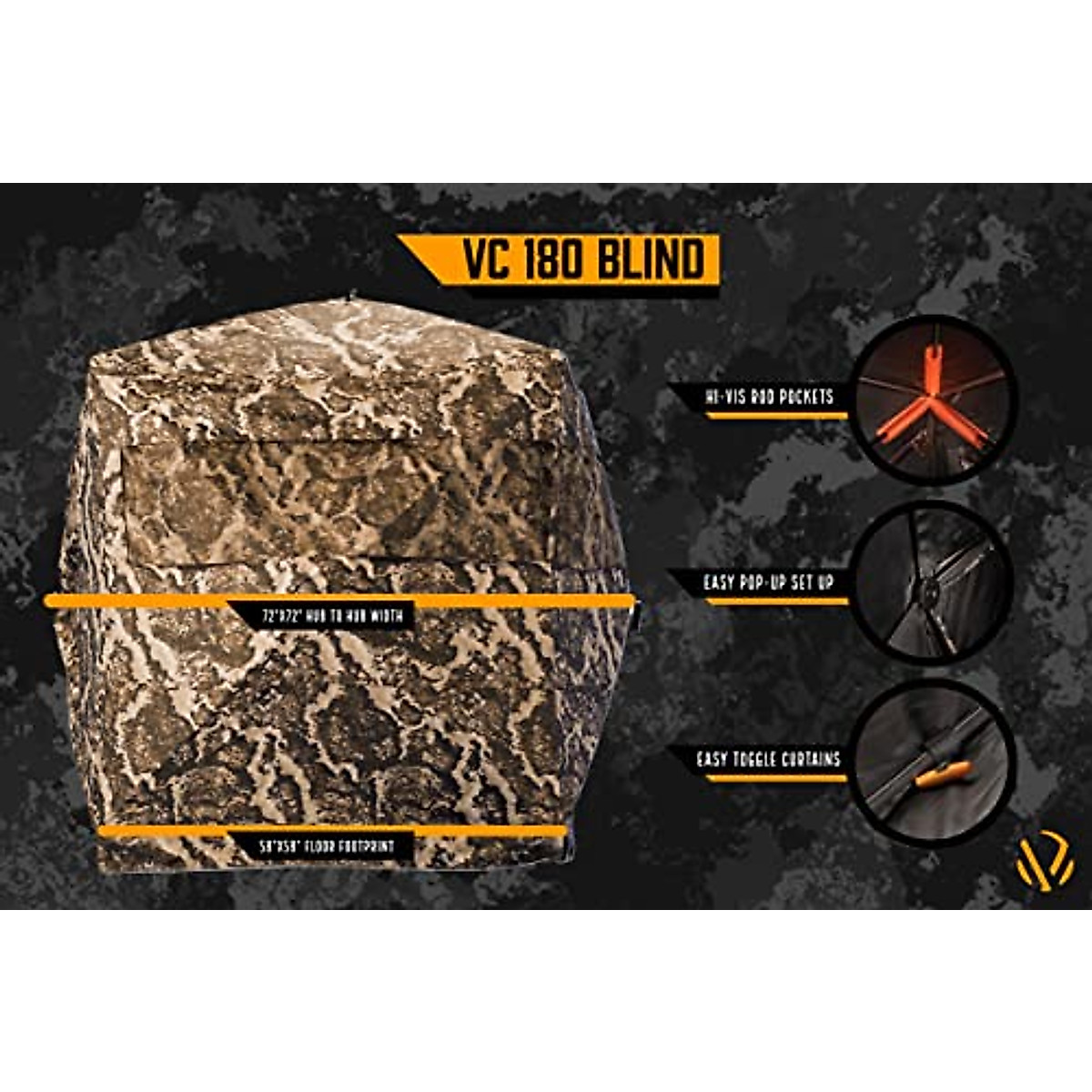 VEIL CAMO VC180 3-Person Hub Blind with Panoramic Windows – Ground Blind for Deer & Turkey Hunting, 180-Degree Panoramic Window, Water Resistant, Durable & Heavy-Duty Design, Silent Closure Door
