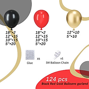 PATYDECRO Red and Black Balloons Arch Garland Kit, 124pcs Red and Black Gold Balloons with 16ft Tape Strip & Dot Glue for Casino Theme Party Decorations, Birthday, New Year, Hollywood Party Decoration