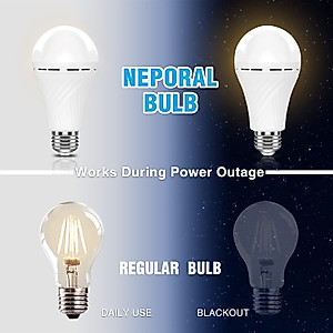 Neporal LITE Emergency Rechargeable Light Bulbs A19, Light Up to 48 hrs, Battery Operated Light Bulb, 5000K E26 LED Bulb, Emergency Lights for Home Power Failure