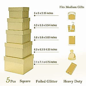 PAPER FAIR 5PCS Bright Gold Glitter Nesting Gift Boxes Set, Flat Square Cardboard Storage Organizer Keepsake Box with Lid Durable Reusable, for Gift Wrapping Holiday Present Christmas Birthday, Assorted Size