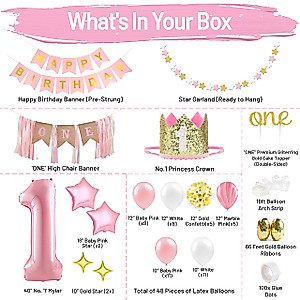 Baby Girl First Birthday Decorations - 1st Birthday Girl Decoration Pink Gold Party Supplies - Happy First Birthday Banner, Number 1 Balloon and Crown, Balloon Arch, High Chair Banner, ONE Cake Topper