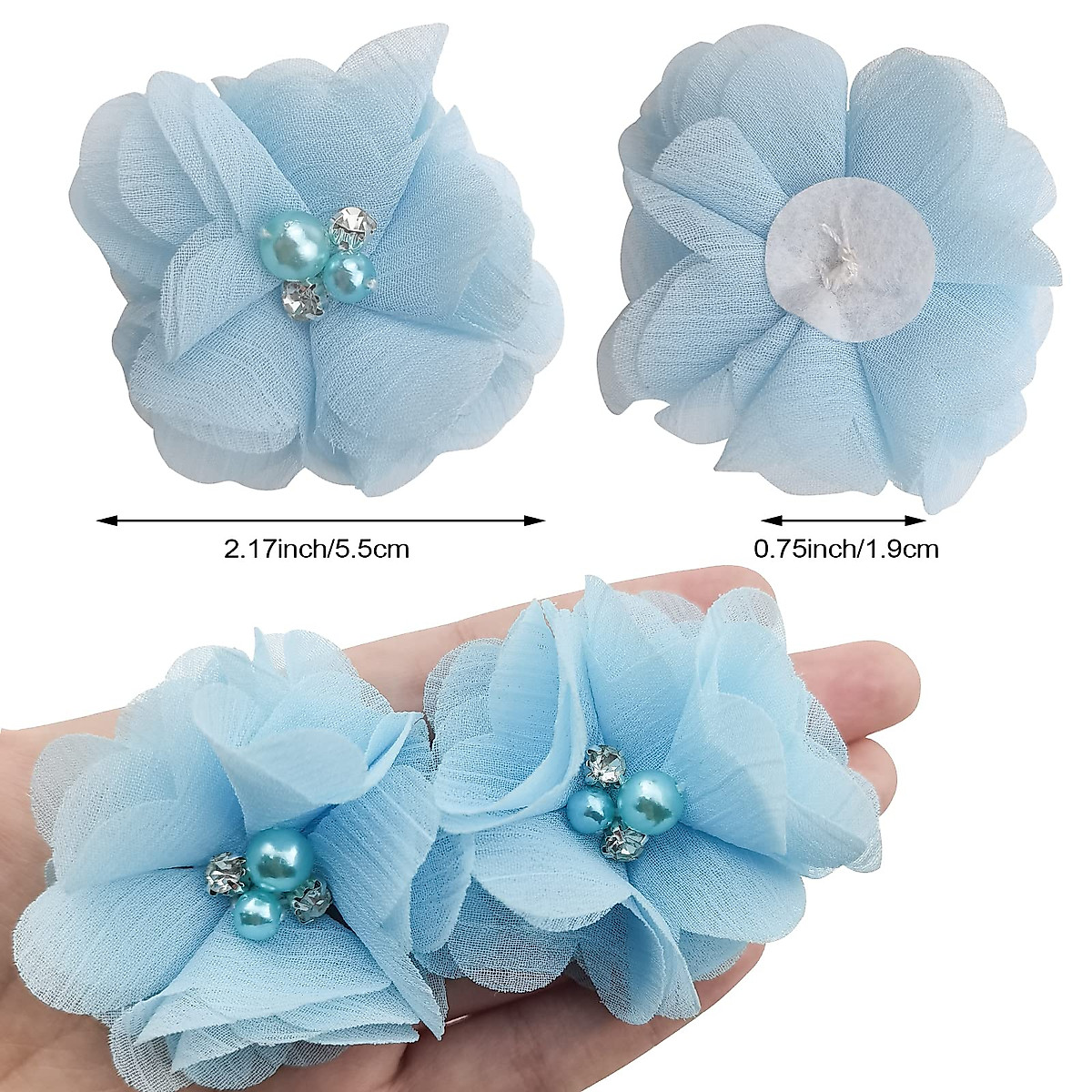 30 PCS Rhinestone Pearl Blue Chiffon Flower Sewing Fabric Appliques for Clothing, Headbands Flower, Crafts, Party Decoration, Sewing Applique