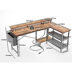 Furologee L Shaped Computer Desk with LED Lights & Power Outlet, Gaming Desk with 2 Reversible Storage Shelves, Corner Desk with 50" Monitor Stand, Writing Study Table with Cloth Bag for Home Office