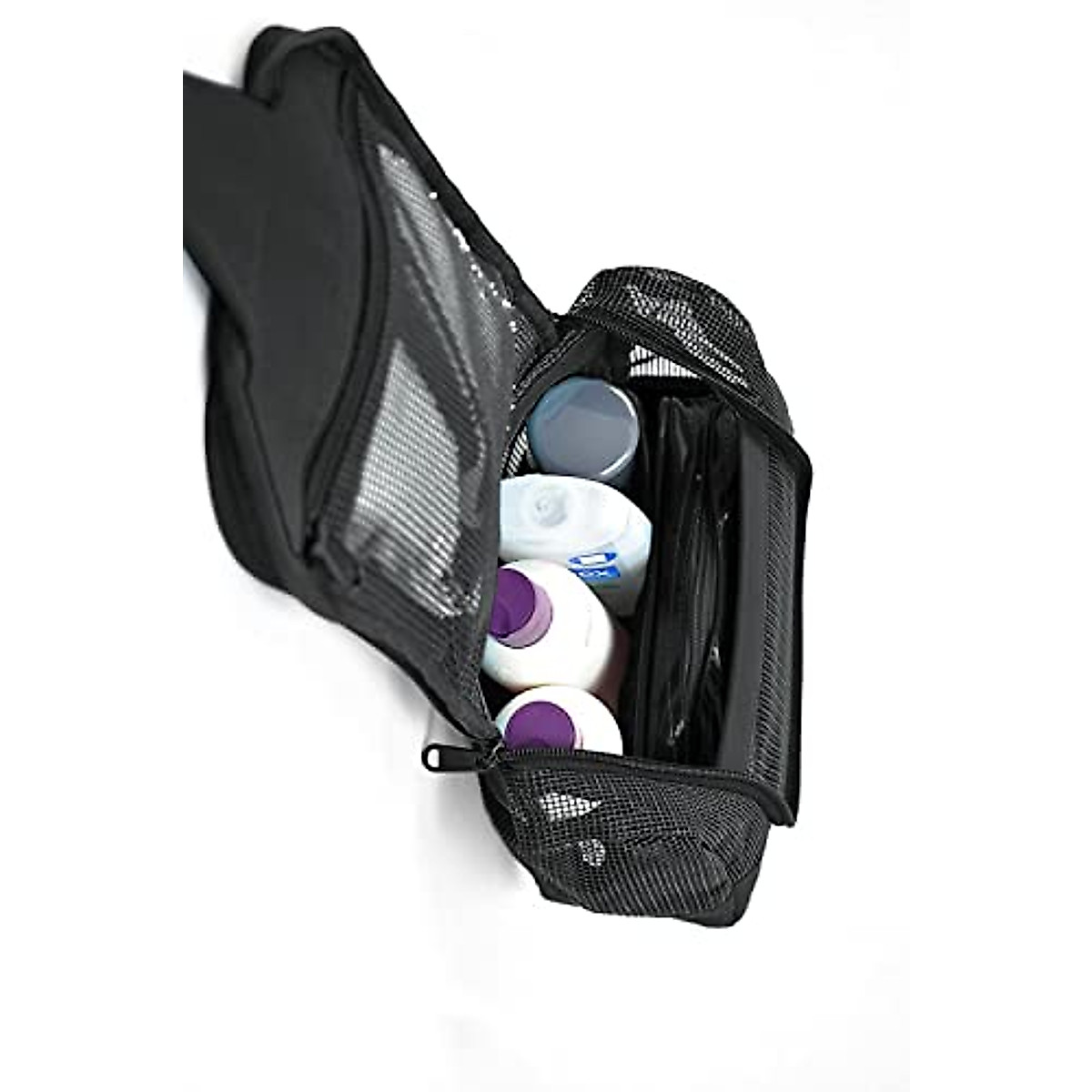 The Fine Living Co. Portable Hanging Shower Caddy Organizer Bag (Free Toiletries Case+Metal Hook) Quick Dry Mesh Shower Caddy Tote Bag Pouch For Bathroom College Dorm Camp Gym Camping 10”x4”x9”(Black)