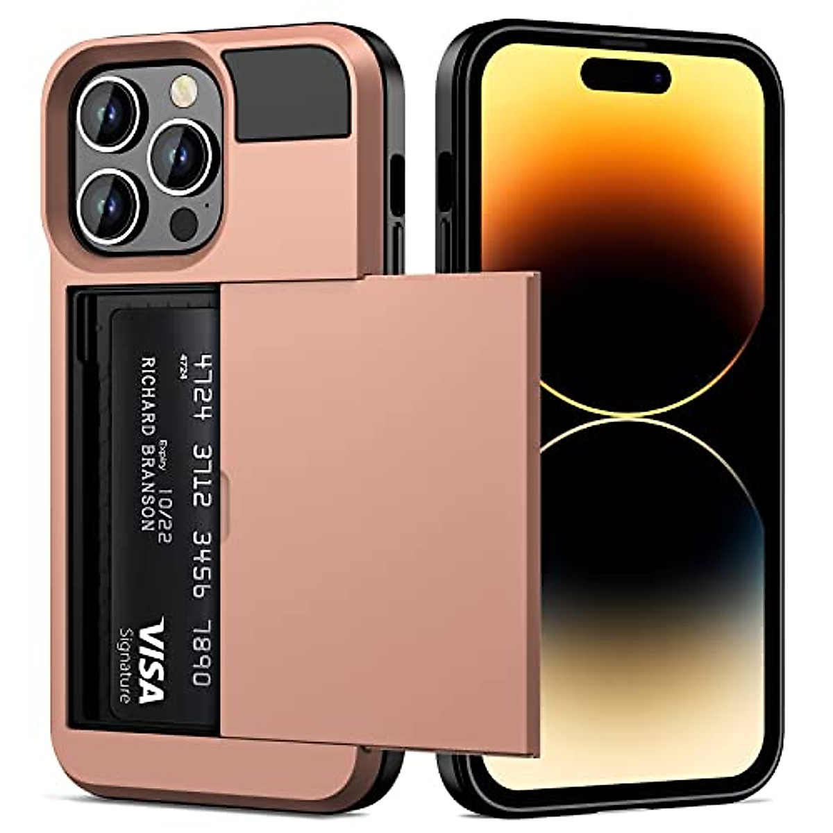 Vofolen for iPhone 14 Pro Case Wallet Credit Card Holder ID Slot Sliding Door Hidden Pocket Men Women Anti-Scratch Dual Layer Hybrid Bumper Armor Protective Shell Back Cover 6.1 inch Rose Gold