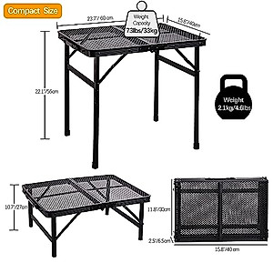 ALZEROOE Metal Camping Picnic FoldingTable, Portable Grill BBQ Side Table- Lightweight, Compact & Height Adjustable Collapsible Patio Outdoor Table