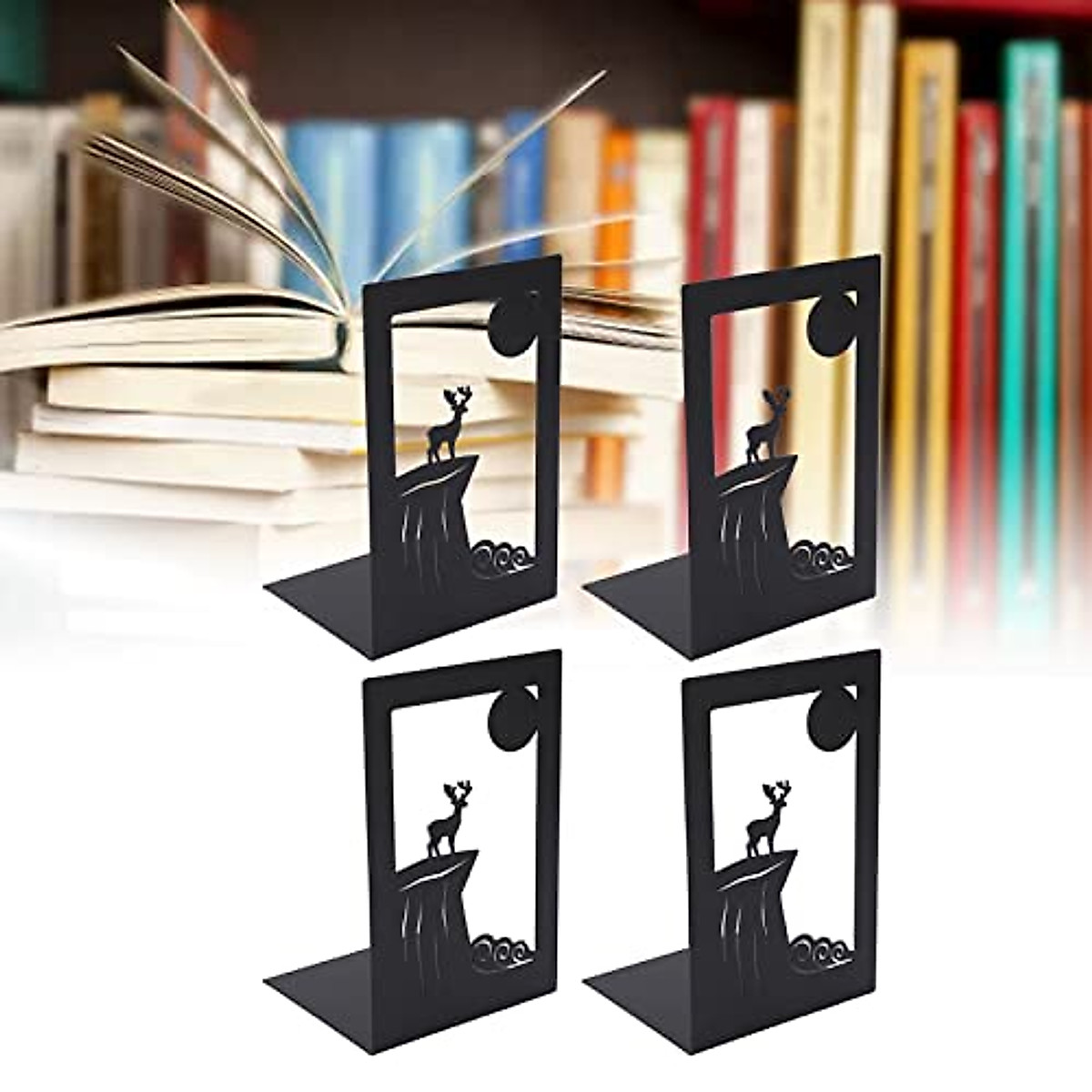 Book Holder, Upright Wide Applicability Metal Bookends with 4 Antislip Foam Pads for Books for Schools for CDs for Office (Cliff Deer)