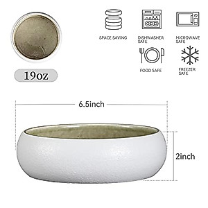 Uaral Salad Bowl Large Serving Bowl 18 Ounce Appetizer Bowls 6.5inch Ceramic Shallow Bowl Set of 4, (White Texture&Green)