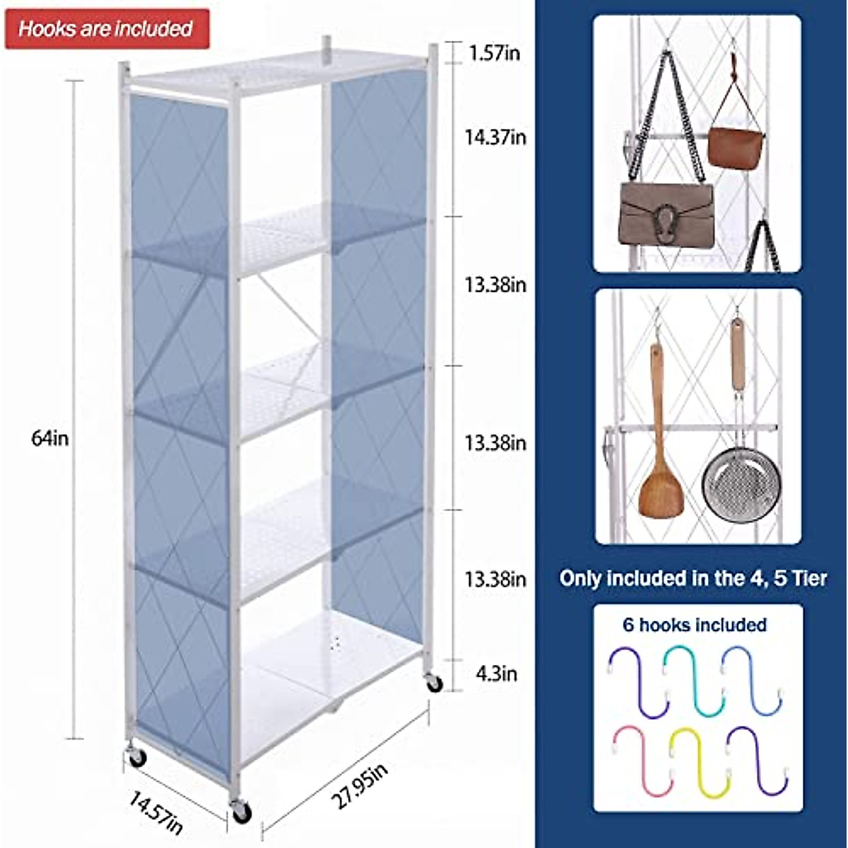 Letusto Foldable Collapsible Shelf with Wheels & Breaks - Folding Shelf Heavy Duty Metal Frame Pantry Shelving Unit - Origami Bookcase - No Assembly Bookshelf (White, 5 Tier)