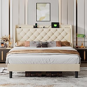 iPormis King Bed Frame with 16" Deluxe Wingback & USB & Type-C Ports, Upholstered Platform Beds with Button Tufted Storage Headboard, Solid Wood Slats Support, No Box Spring Needed, Beige