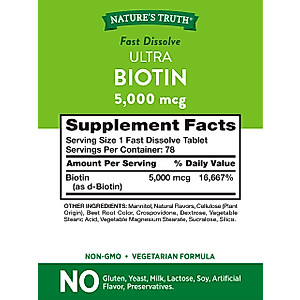 Nature's Truth Ultra Biotin 5000mcg | 78 Fast Dissolve Tablets | Hair Skin and Nails Supplement | Natural Berry Flavor | Vegetarian, Non-GMO, Gluten Free