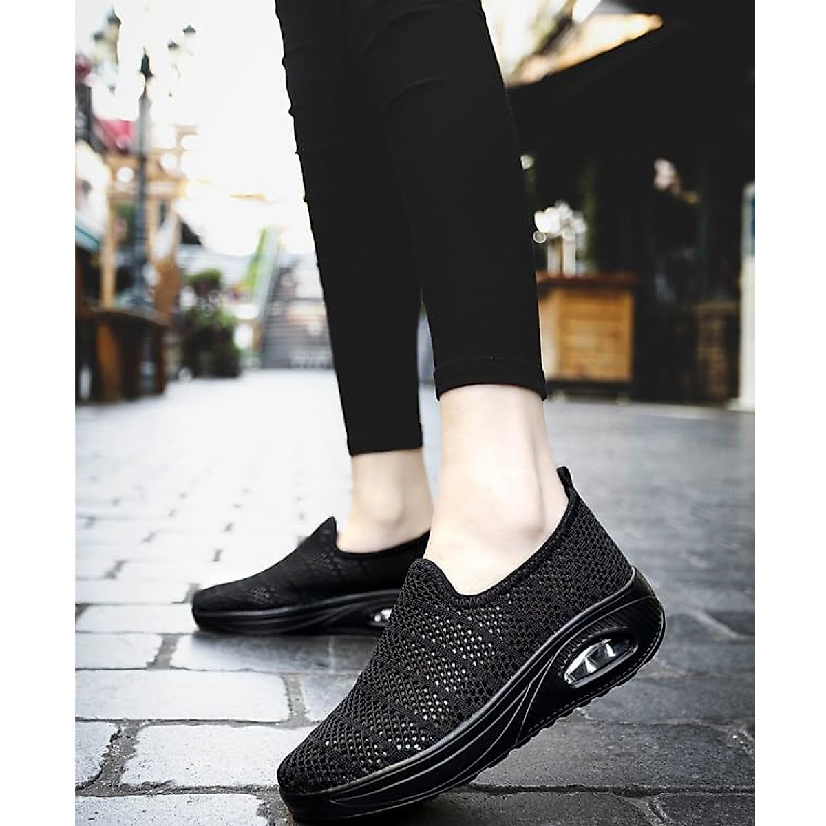 Cubicbee Women's Platform Walking Shoes Breathable Mesh Air Cushion Sneakers,Orthopedic Diabetic Walking Shoes,Casual Comfort Slip-On Beach Shoes (Black-1,9)