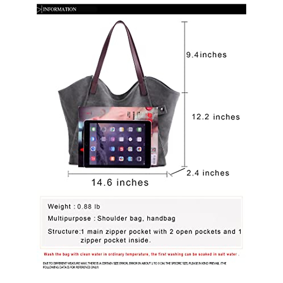 Eamom large capacity tote bags for school canvas tote bag for women leather strap shoulder bag handbag hobo tote bag (Gray)