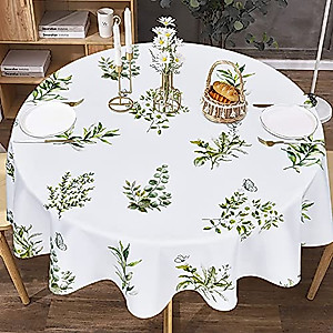 ASPMIZ Green Leaves Tablecloth, Tropical Leaf Plant and Butterfly Table Cloth, Spring Summer Waterproof Wrinkle Free Tablecover for Kitchen, Dining Room, Outdoor, Picnic, Party, Round 60 inch