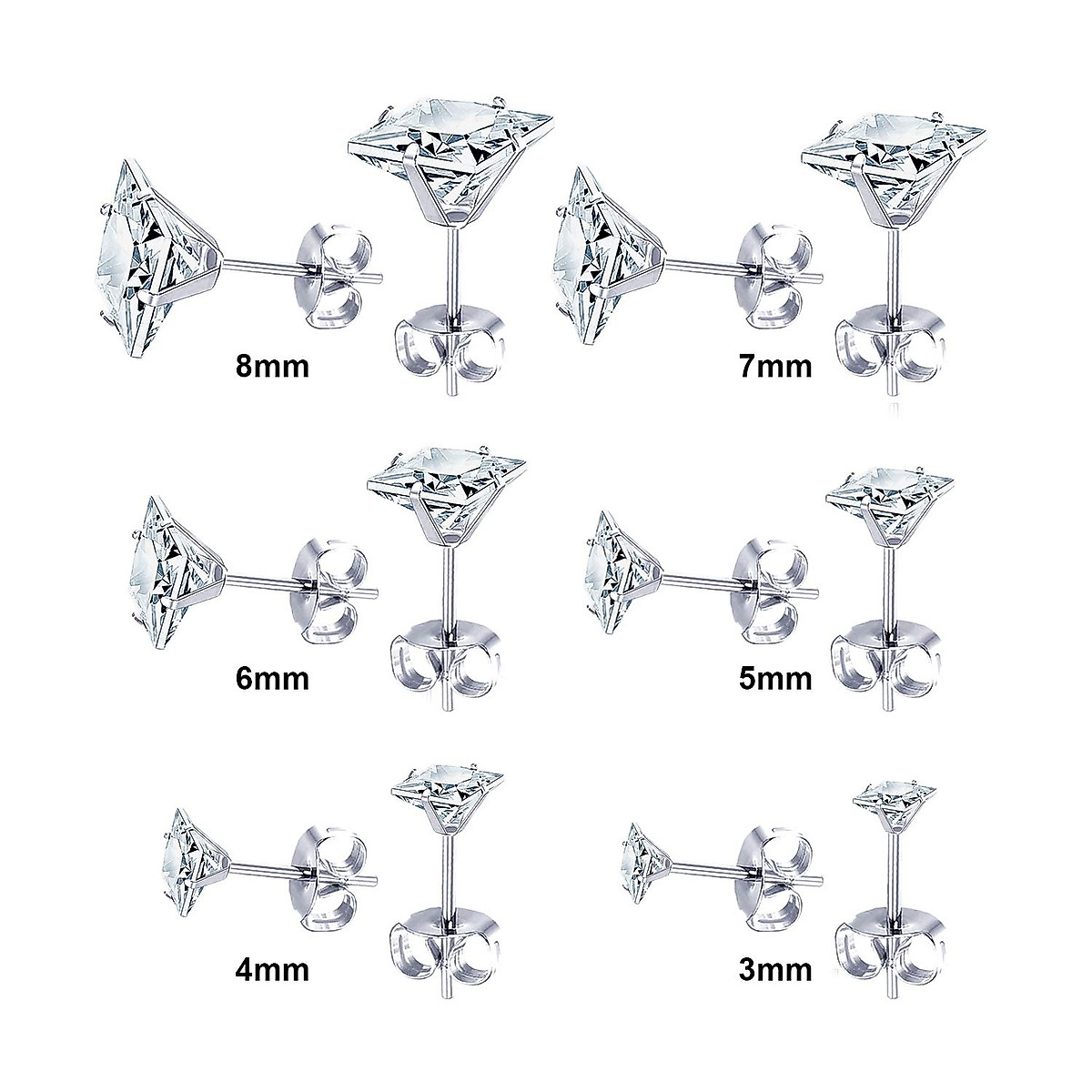 LUXU kisskids 6 Pairs Stainless Steel Stud Earrings Hypoallergenic Cubic Zirconia 316L Earrings Stainless Steel CZ Earrings 3-8mm for Women Girls