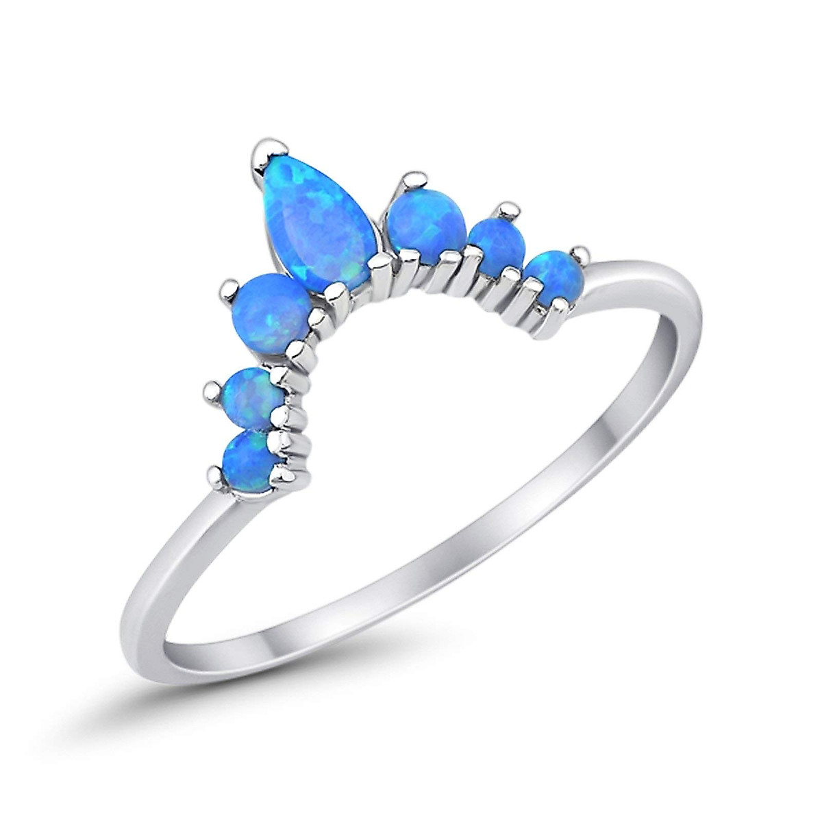 Lab Created Blue Opal Size-6 Curved Band Thumb Ring Pear Round 925 Sterling Silver