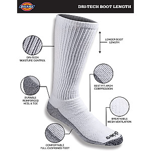 Dickies Men's Multi-Pack Dri-tech Moisture Control Boot-Length Socks, White (6 Pairs), Shoe Size: 6-12