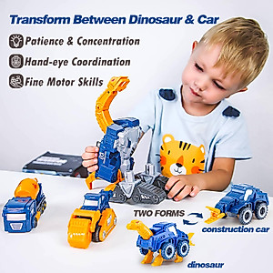 Toddler Construction Car Transform Set, 5pcs Dinosaur Rescue Robot with Magnetic Connectors, Assemble Building Trucks DIY STEM Toy, Holiday Birthday Present for Kids Boy Girl 3 4 5 6 7 Year